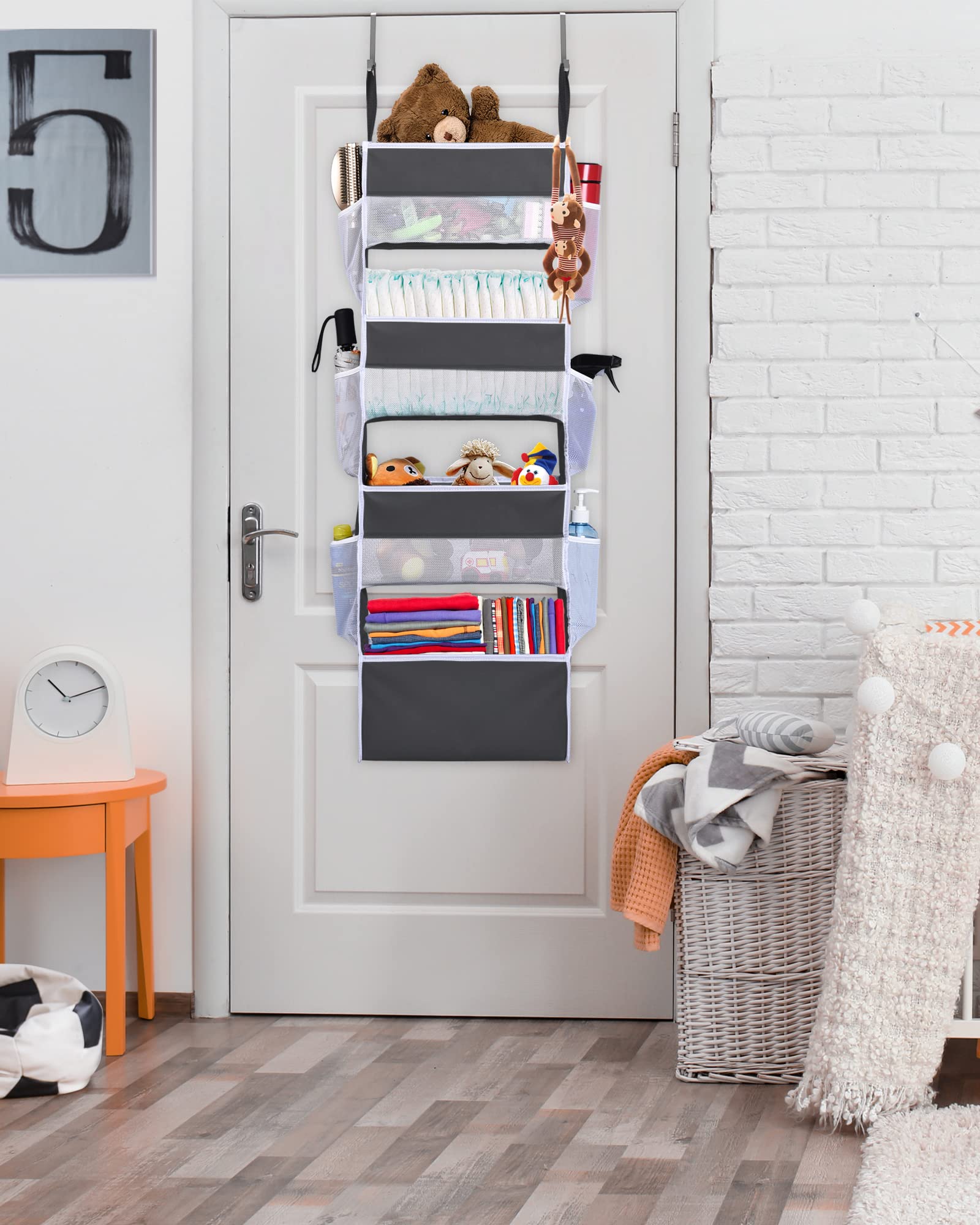 ULG Over Door Organizer with 4 Large Pockets 6 Mesh Side Pockets, 33 lbs Weight Capacity Hanging Storage Organizer with Clear Window for Bedroom Nursery, Baby Kids Toys, Diapers, Dark Grey (1 Pack)