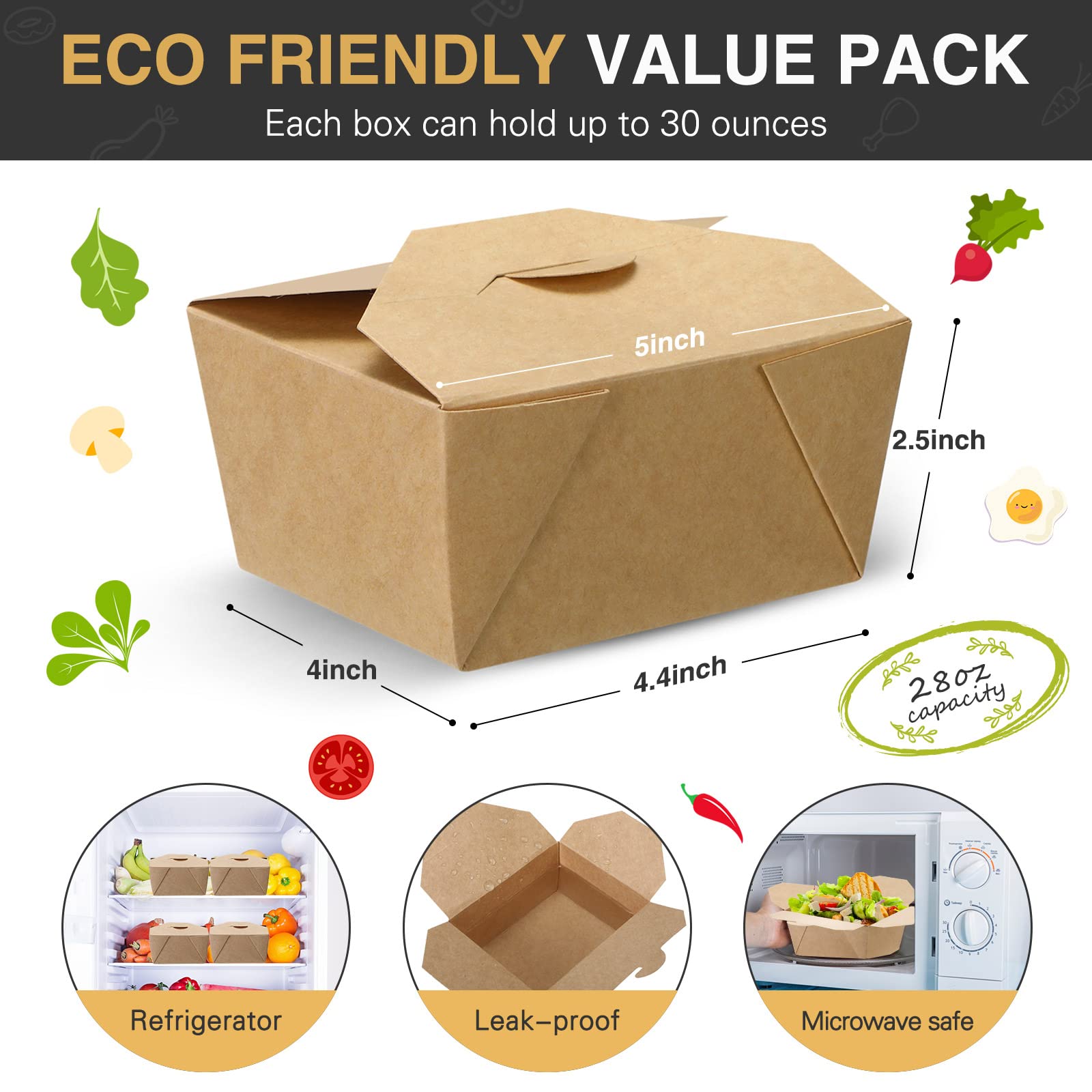 Eaasty 100 Pcs 28 oz Take out Food Containers Microwaveable Disposable Brown Kraft Paper Take out Boxes Leak Grease Resistant Stackable Containers for Restaurant Catering Party Concession Stand Picnic