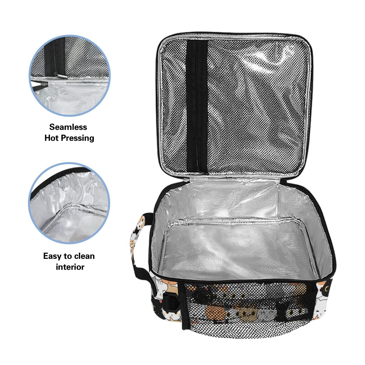 Cute Cats Kitten Pattern Lunch Bag Box Insulated Cooler Lunch Tote Bag Meal Organizer with Shoulder Strap for Women Girls Boys School