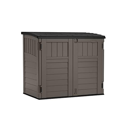 Suncast 4' x 2' Horizontal Storage Shed - Natural Wood-Like Outdoor Storage - Stoney & 33 Gallon Hideaway Can Resin Outdoor Trash with Lid Use in Backyard, Deck, or Patio, 33-Gallon, Brown