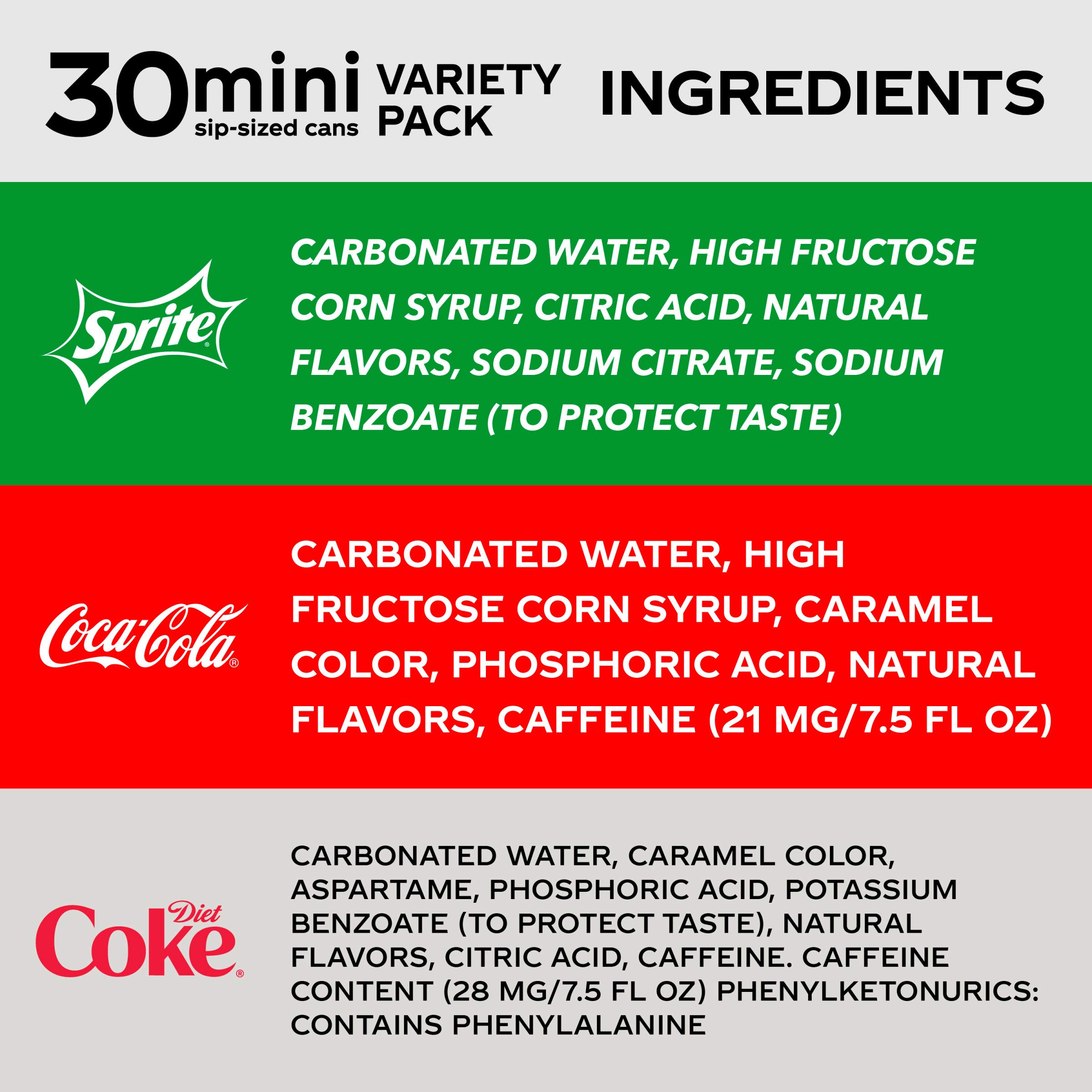 Coca-Cola Mini Can Variety Pack, 7.5 Fl Oz, Pack Of 30 (10 Each: Coke Classic, Diet Coke, Sprite),, 7.5 Fl Oz ()