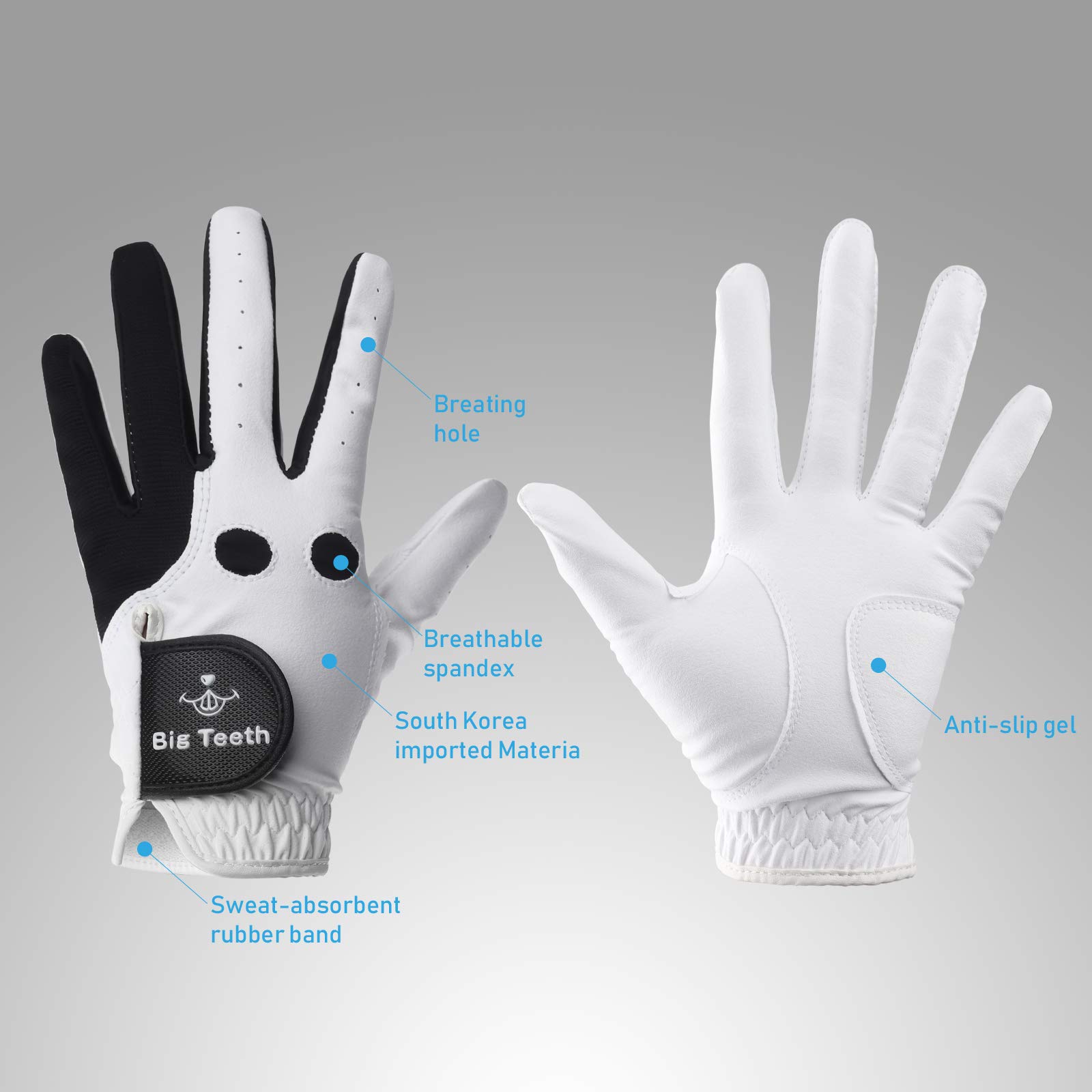 BIG TEETH Men’s Golf Gloves Men Left Hand Pack of 3Pcs Worn Right Handed Golfer,White Black Microfiber Soft Golf Gloves, Fit Size S M ML L XL (Medium, Left)