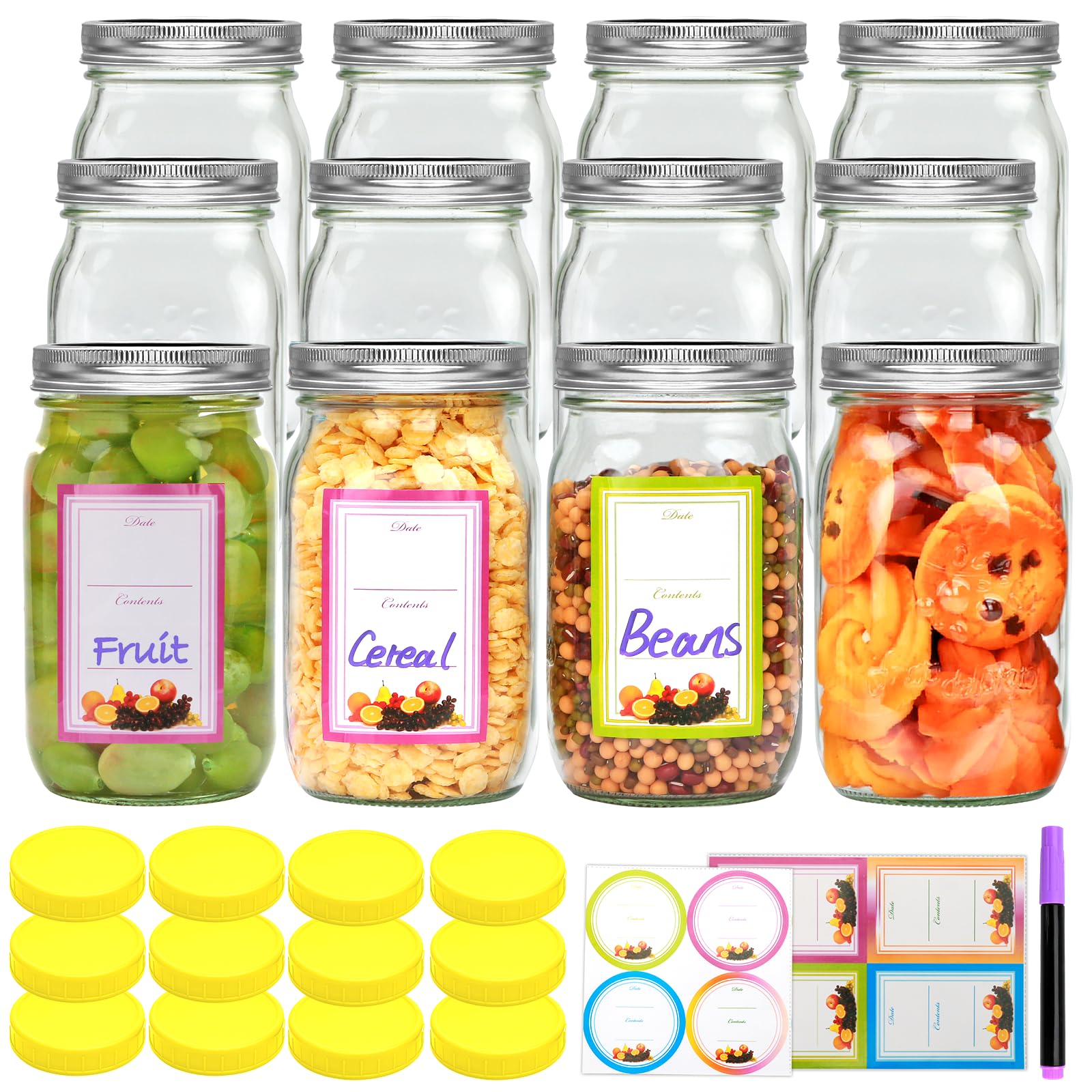 Encheng Wide Mouth Mason Jars 32oz,Clear Glass Mason Jars with Lids and Bands,12 Pack Quart Size Canning Jars with Metal and Plastic Lids for Preserving,Meal Prep,Fermenting,Jam