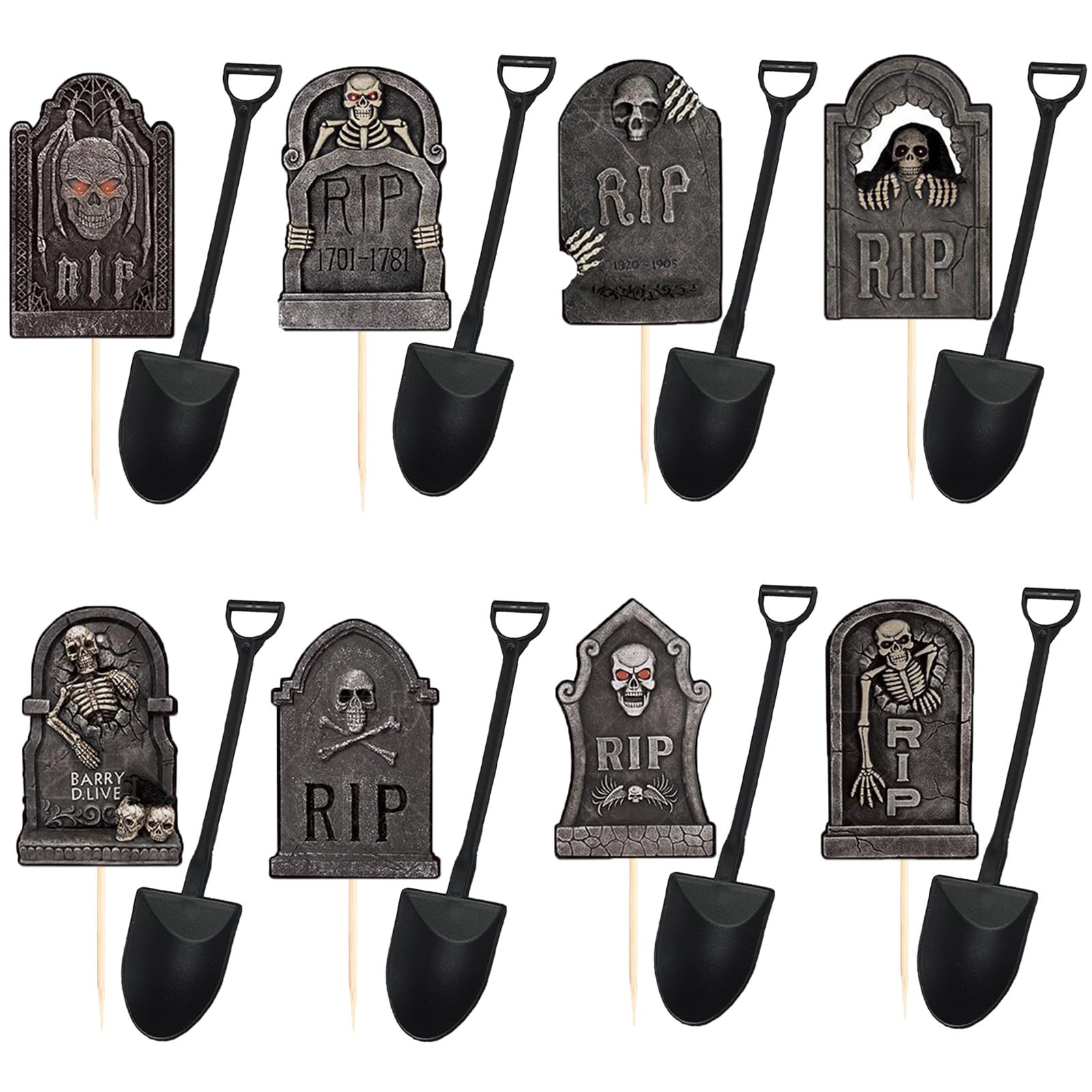 Halloween Cupcake Toppers Cake Decorations Tombstones Graveyard Cupcake Toppers with Novelty Mini Shovel Spoons for Halloween Party, Birthday Party Decoration Supplies 48 Pieces