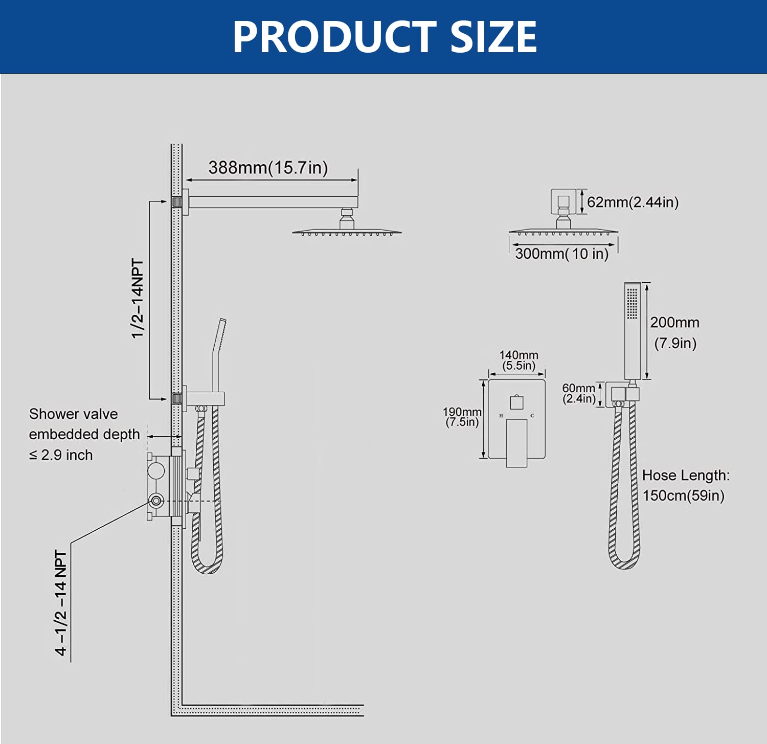 Fatspas 10 Inch Shower Faucet Set, Rainfall Shower System with Square Fixed Rain Shower Head and High Pressure Handheld Shower Head, Wall Mounted Rainfall Shower Fixtures, Matte Black