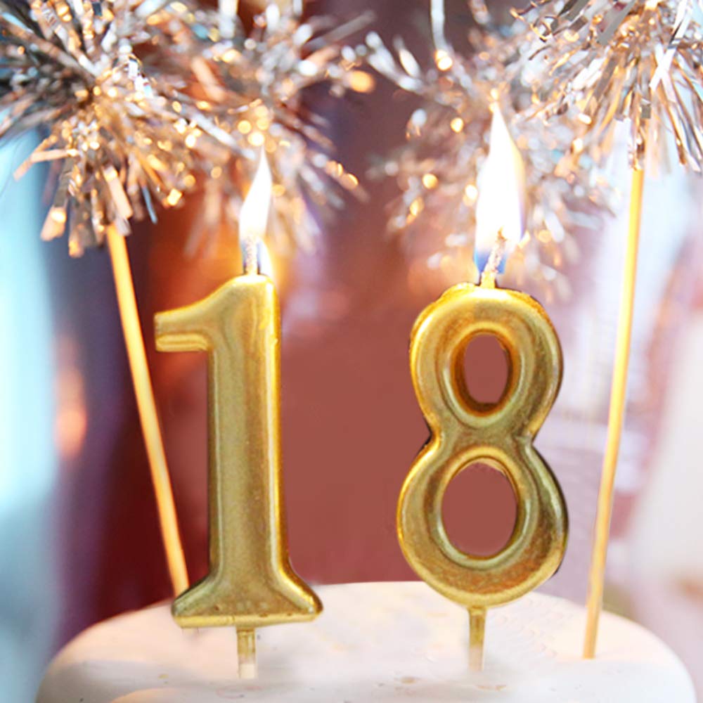 FULANDL 26Pcs Birthday Numeral Candles Set, 10Pcs Number 0-9 Glitter Cake Topper Decoration with 16Pcs Long, Star, Heart Birthday Candles (Gold)