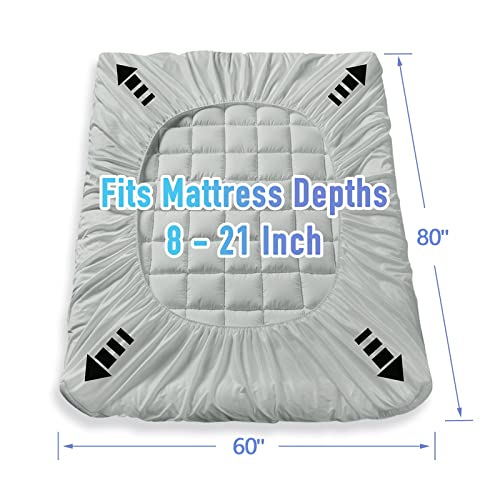 MATBEBY Bedding Quilted Fitted Queen Mattress Pad Cooling Breathable Fluffy Soft Mattress Pad Stretches up to 21 Inch Deep, Queen Size, Light Grey, Mattress Topper Mattress Protector