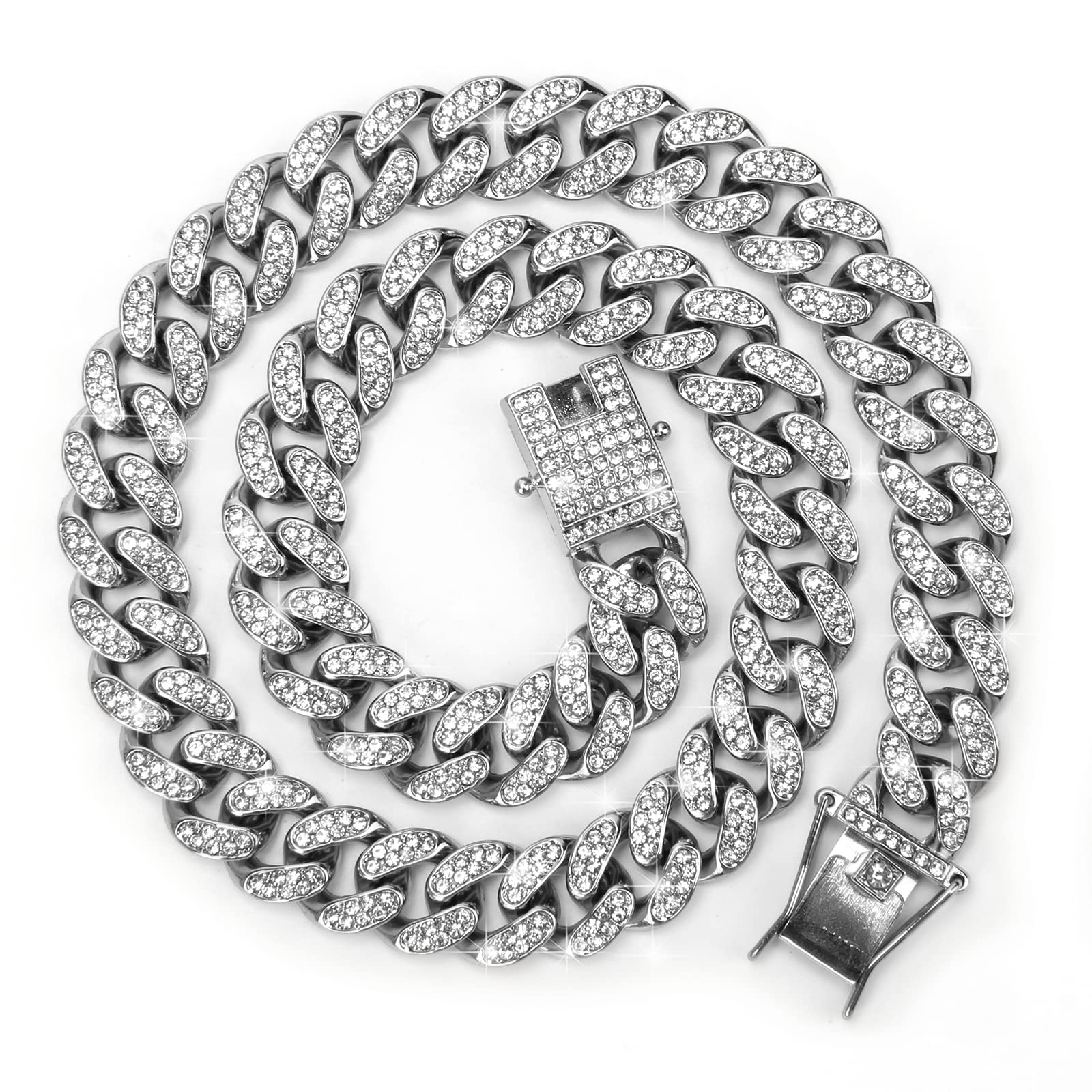 Coitak Cuban Link Chain Necklace, Silver/Gold Chain for Men, Bling Diamond Hip Hop Jewelry for Women 18 Inch (Silver)