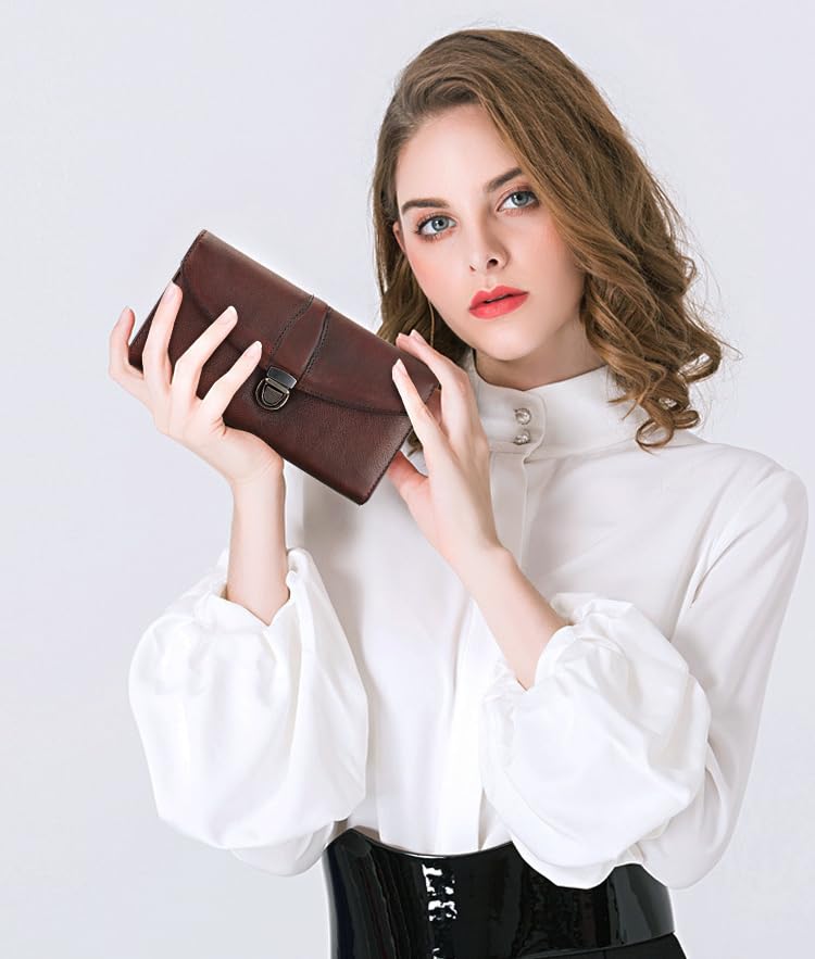 ORIREAL Women's Wallet Genuine Leather Wallet for Ladies Large Capacity Hand-Crafted Wallet Card Holder Purse (Coffee)