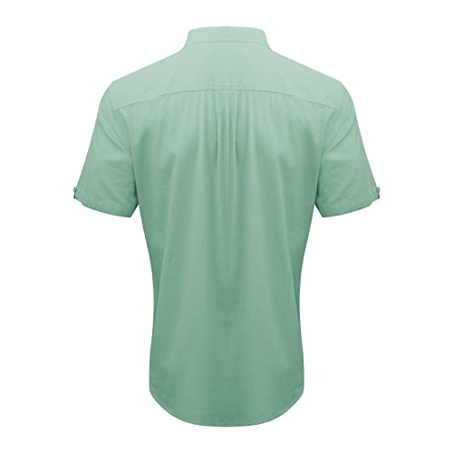 Men's Casual Summer Button Down Linen Shirts Short Sleeve Cotton Beach Tops with Pocket Green X-Large