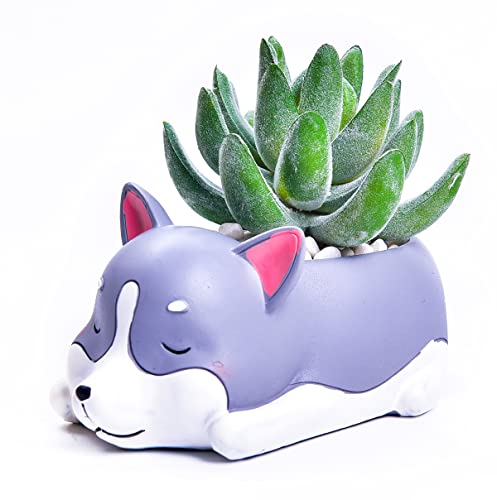 Cute Husky Puppy Flower Pot with Drainer Garden Flower Pot Resin Succulent Potted Bonsai Plant Stand Home Desk Mini Ornaments Balcony Gardening Flower Pot Does Not Contain Plants