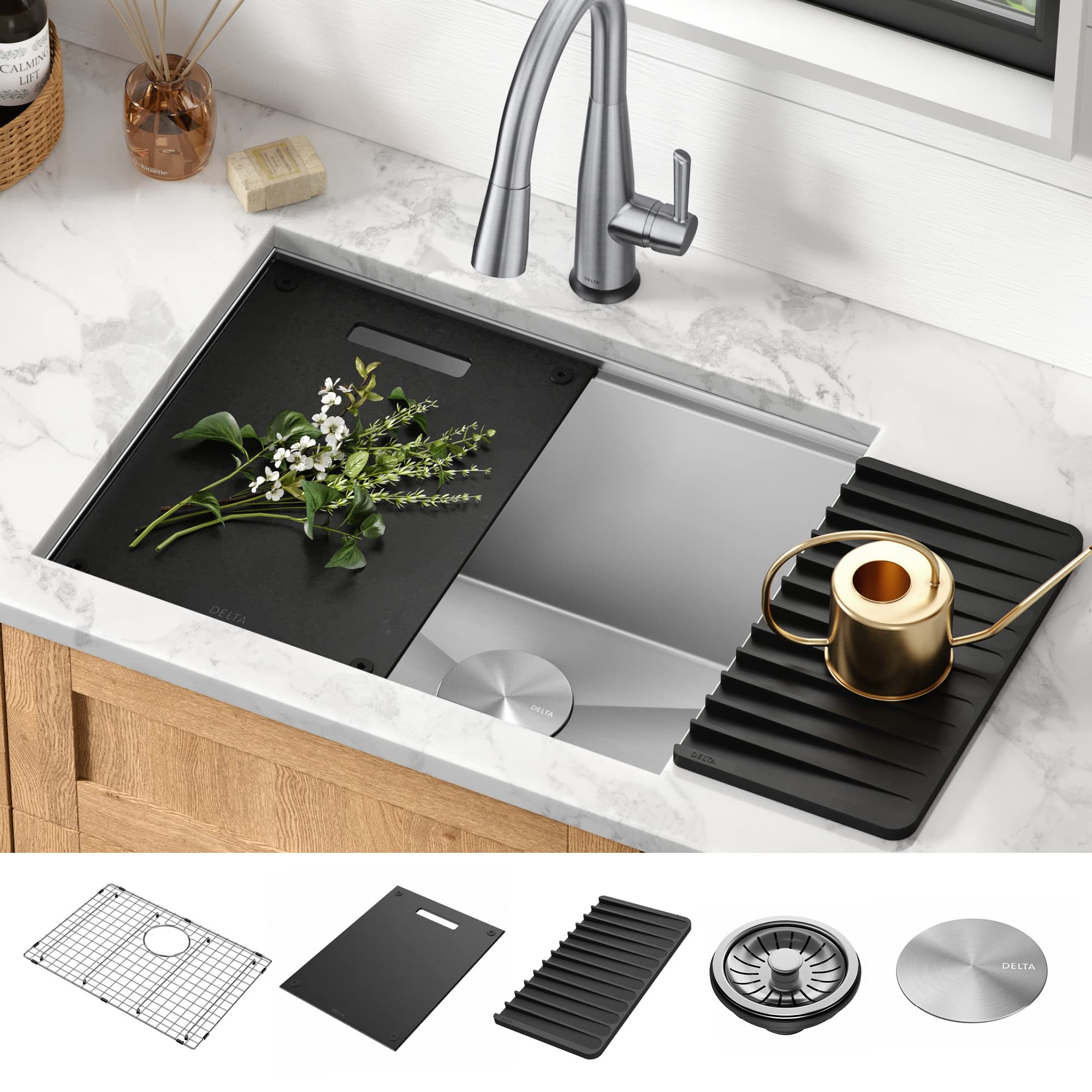 DELTA FAUCET Rivet 24-inch Workstation Laundry Utility Kitchen Sink Undermount 16 Gauge Stainless Steel Single Bowl with WorkFlow Ledge and a Kit of 5 Accessories, 95B9031-24SL-SS