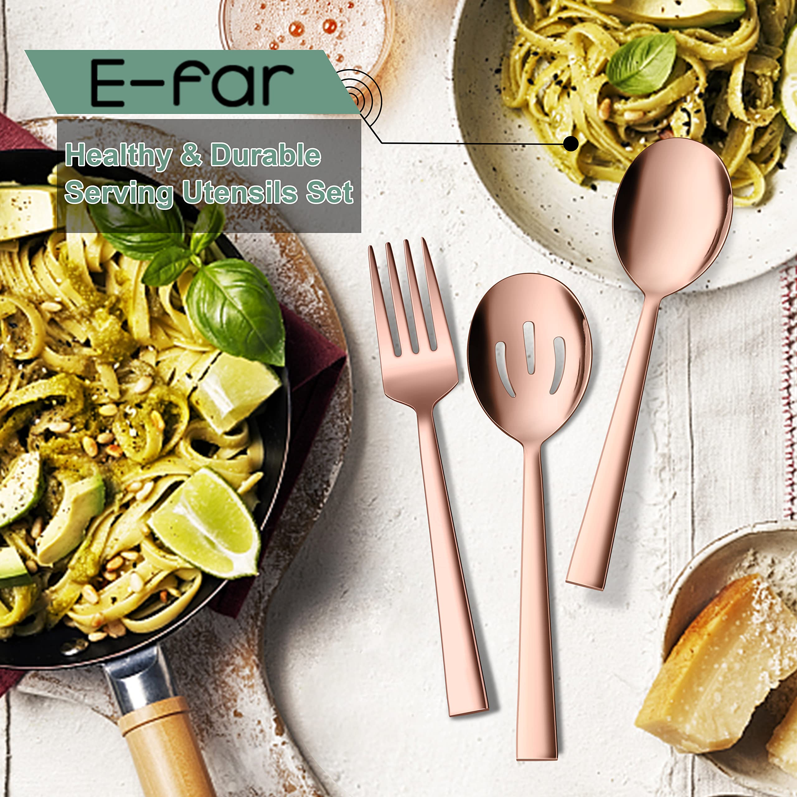 Black Serving Utensils Set of 6, E-far Stainless Steel 8.7 Inch Hostess Serving Set with Square Edge, Metal Serving Slotted Spoons Forks for Party Buffet Catering, Mirror Finished