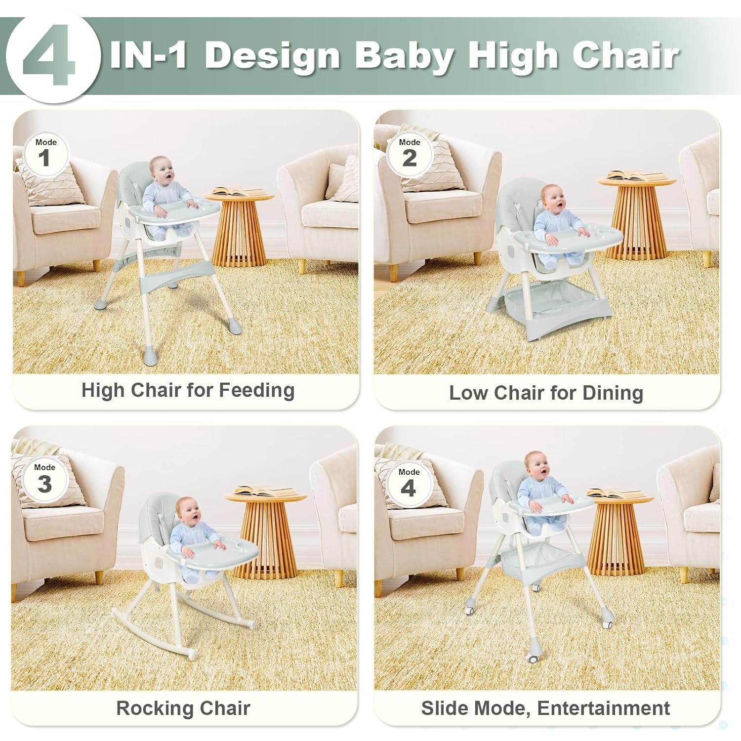 Boyro Baby 4-in-1 Baby High Chair, High Chairs for Babies and Toddlers with Removable Tray and Adjustable Backrest & Height, Convertible & Foldable, Grows with Baby