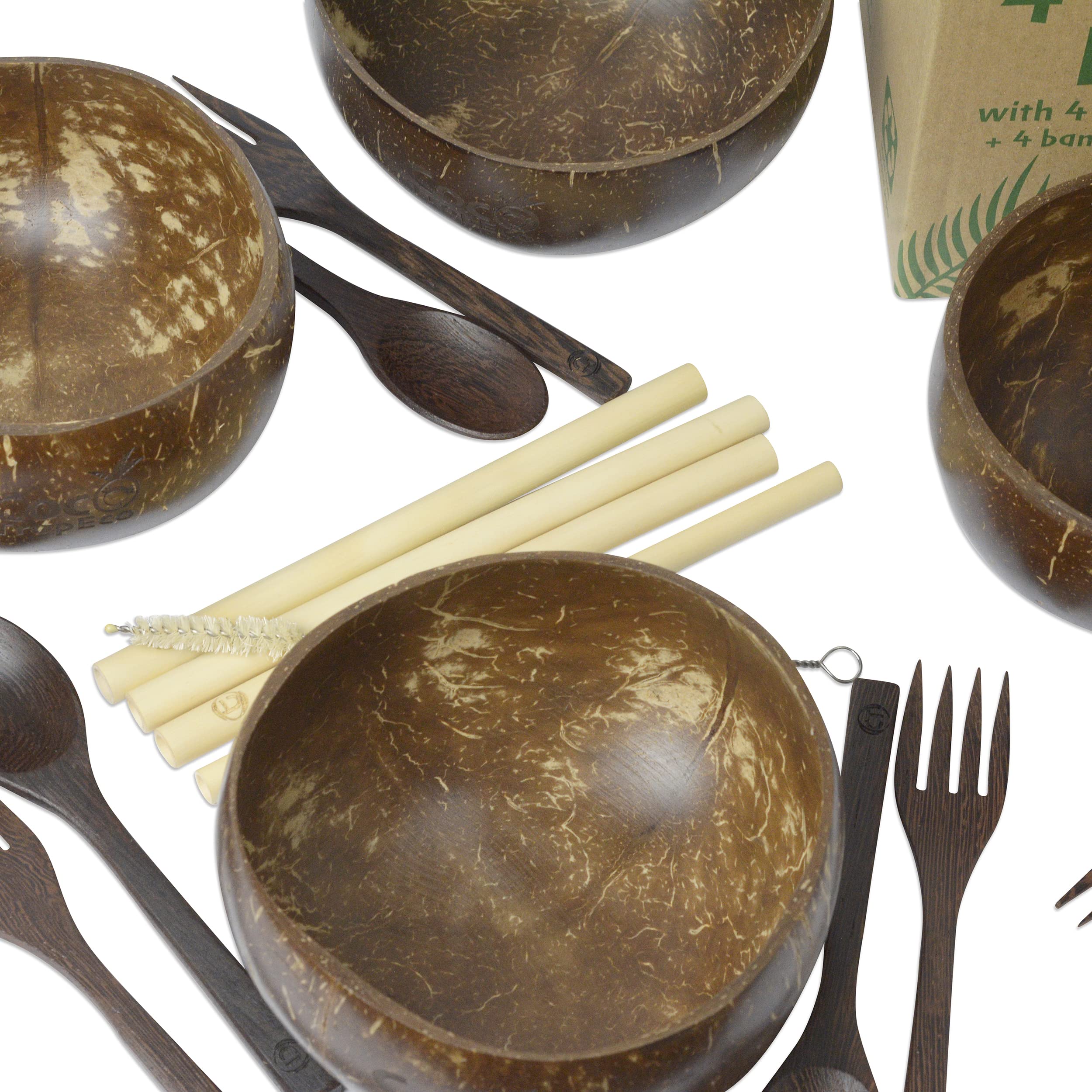Coco TropEco Coconut Bowl Set of 4 - Handmade Bowls From Natural Coconut Shells + Wooden Spoons + Wood Forks and Bamboo Straws β Buddha Bowls Ideal for Acai Smoothie, Salad or Cereal β Polished β