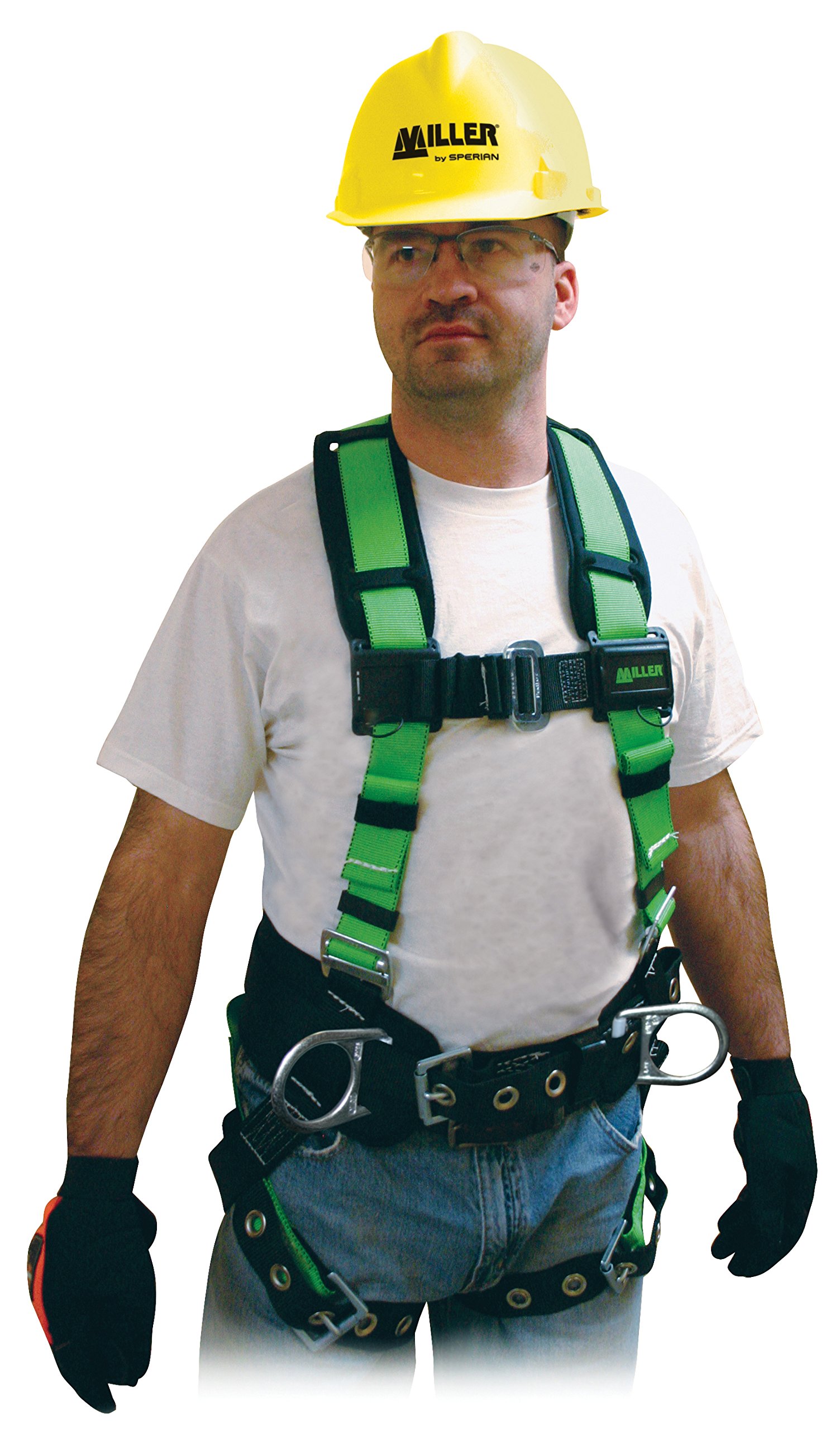Miller by Honeywell Contractor Non-Stretch Full Body Safety Harness with Side D-Rings, Universal Size-Large/XL, 400 lb. Capacity (650CN-BDP/UGN), Green
