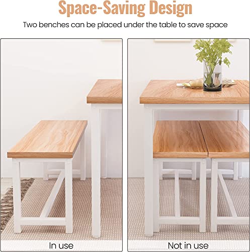 LinkRomat Dining Room Table Set 2 Benches,Dinner Table Set 4-6,Farmhouse Dining Room Table Set,Wood Breakfast Table Set & PU Leather Upholstered Benches Small Spaces,Apartment,Beige 43.4x23.7x28.6''