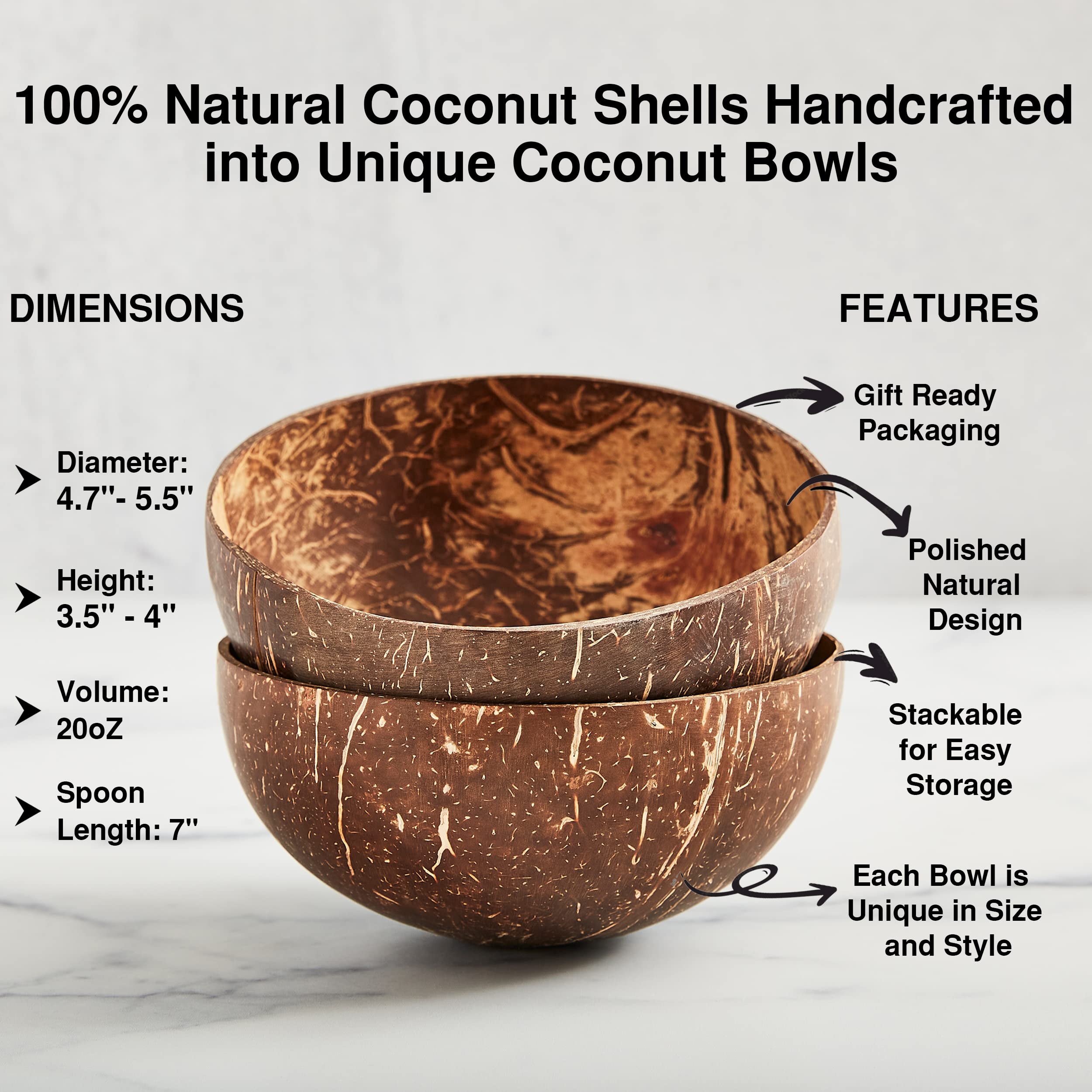 Coconut Bowls and Coconut Spoons Gift Set (Set of 4 Coconut Bowls + 4 Wooden Spoons) - 100% Natural - Vegan - Hand Made - Eco Friendly - Made from Reclaimed Coconut Shells - Bowls For Eating