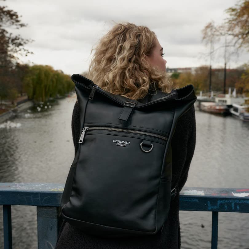 BERLINER BAGS Laptop Backpack Harlem Travel Work Business Durable Leather Bag 15" for Men Women - Black