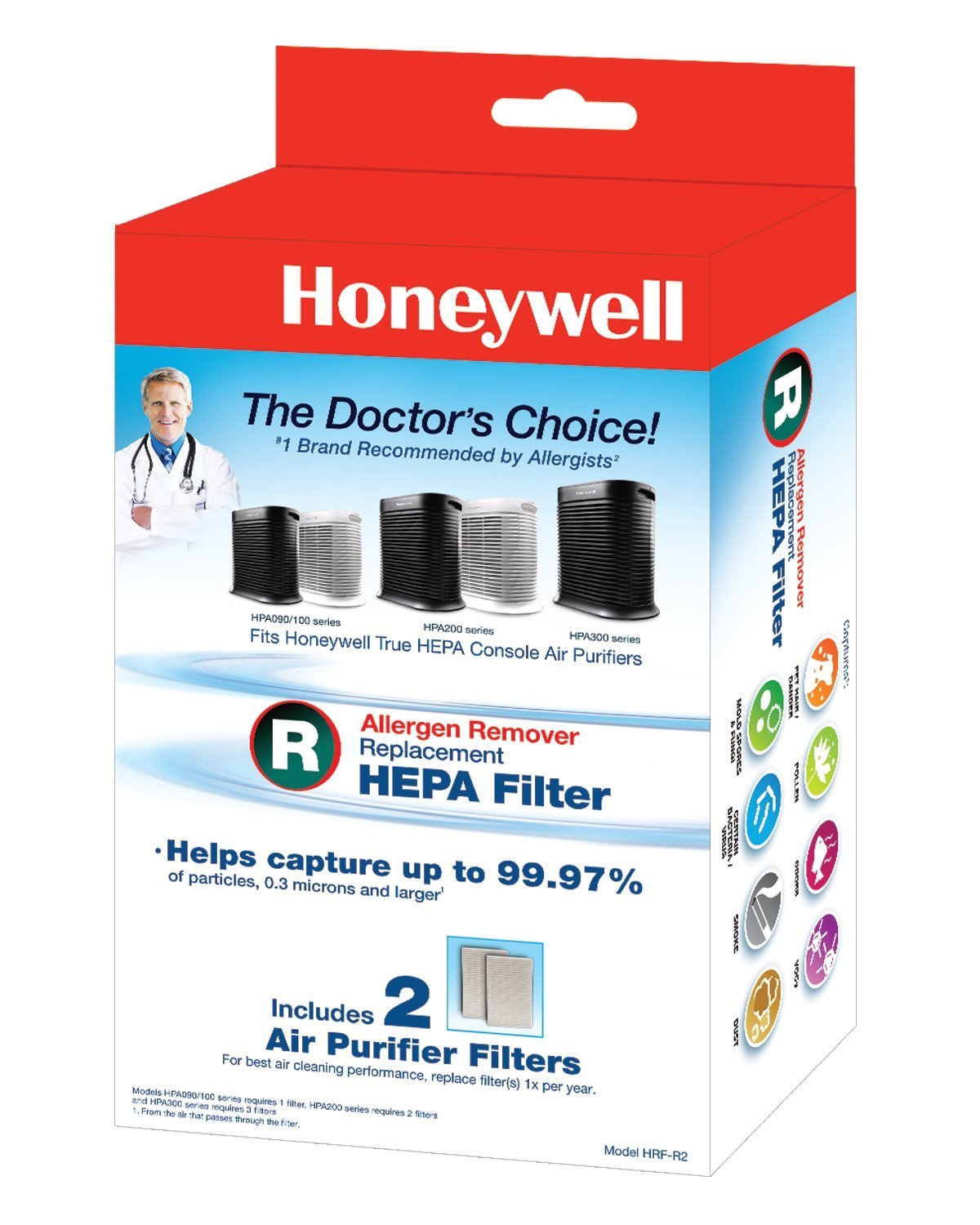 Honeywell HEPA Air Purifier Filter R, 2-Pack for HPA 100/200/300 and 5000 Series - Airborne Allergen Air Filter Targets Wildfire/Smoke, Pollen, Pet Dander, and Dust