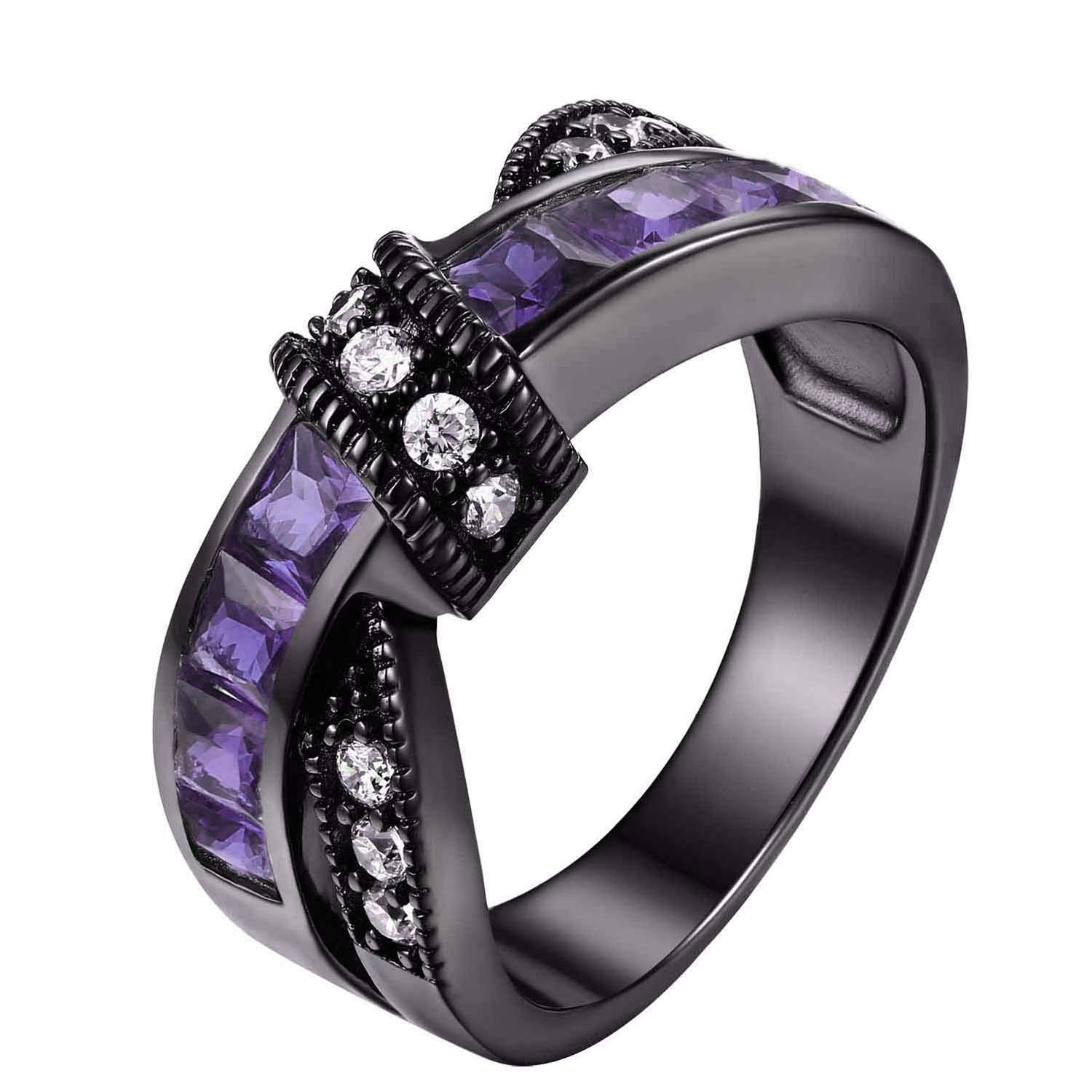 Black Stainless Steel Princess Cut Purple CZ Criss Cross Rings Wedding Engagement Ring For Women Crossover size 6