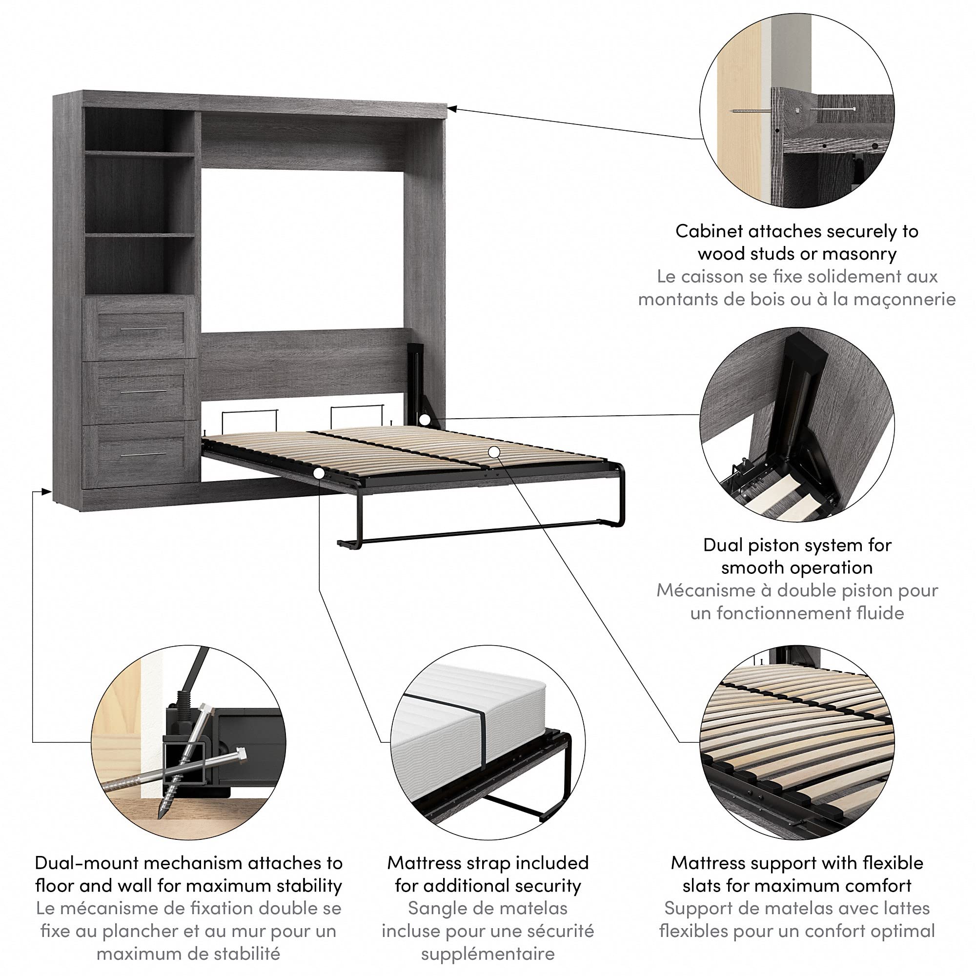 BESTAR Pur Murphy Unit with Drawers, Space-Saving Wall Bed with Storage, Queen, Platinum Gray