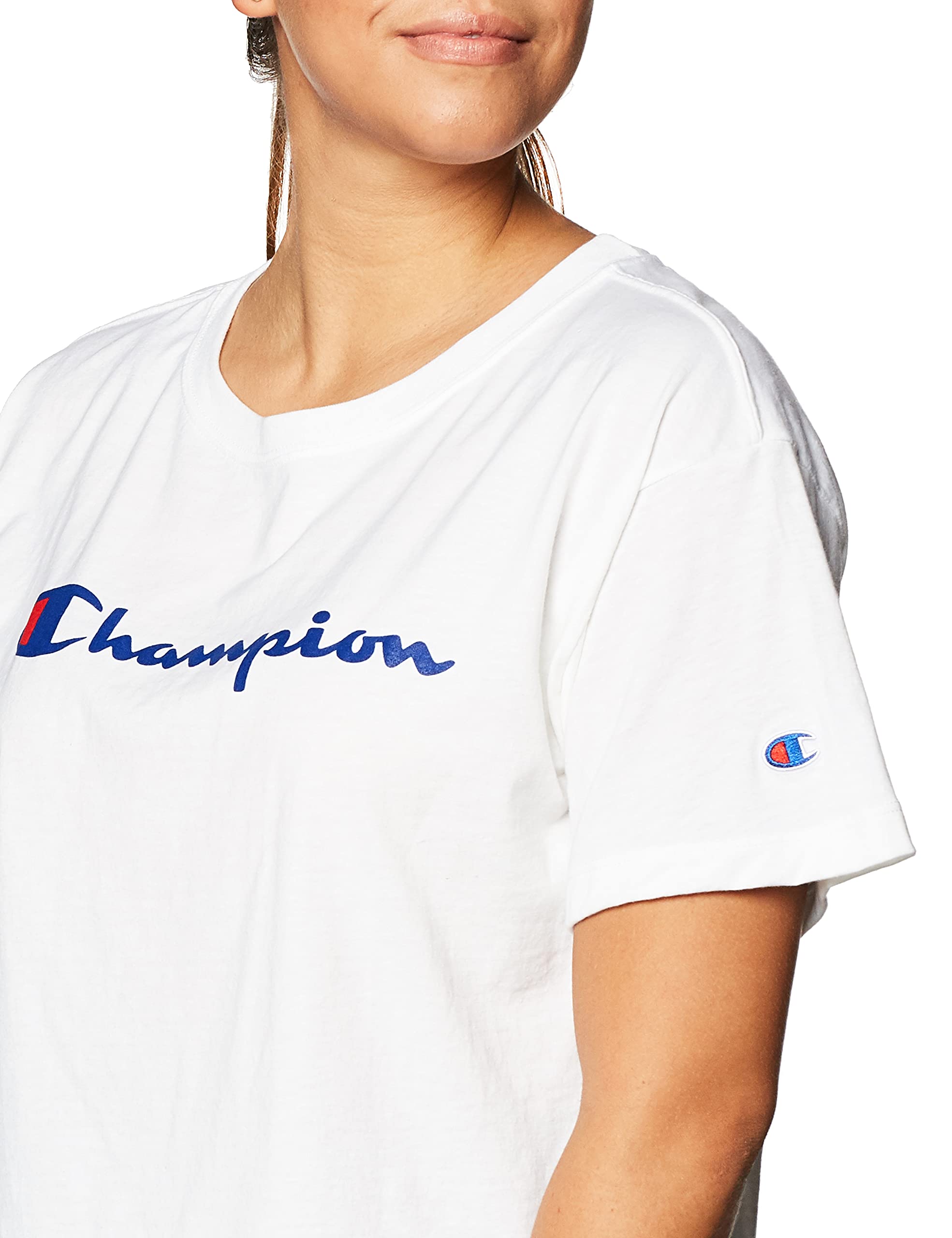 Champion womens Cropped Tee, Script Logo T Shirt, White-550757, Medium US