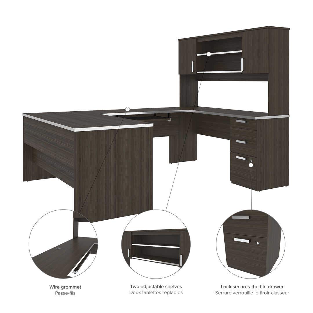 Bestar Universel 65W U-Shaped Executive Desk with Pedestal and Hutch in Dark Chocolate
