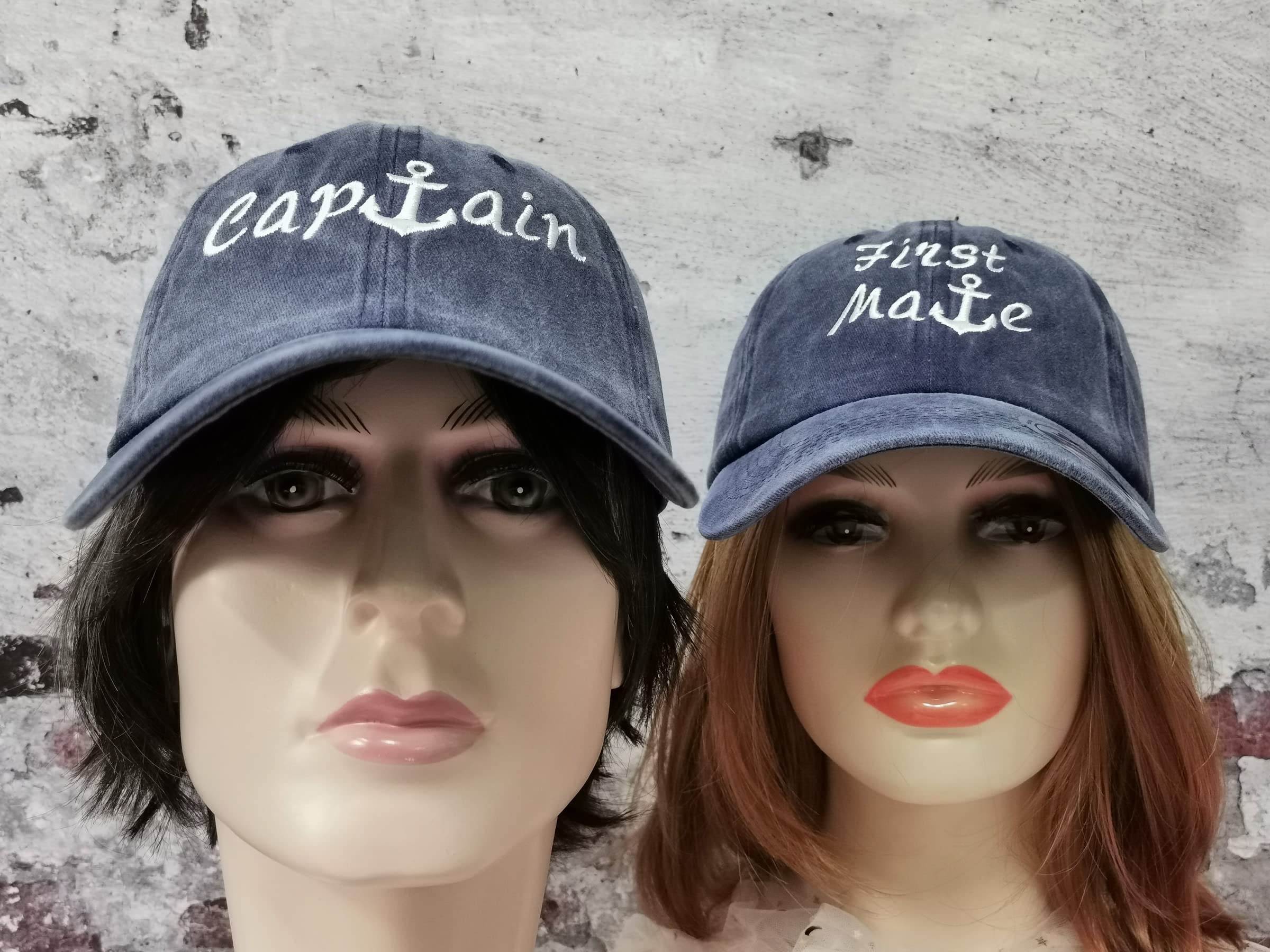 Captain & First Mate Anchor Hats for Couples, Navy Blue Embroidered Matching Boating Baseball Caps, Sailing Gift