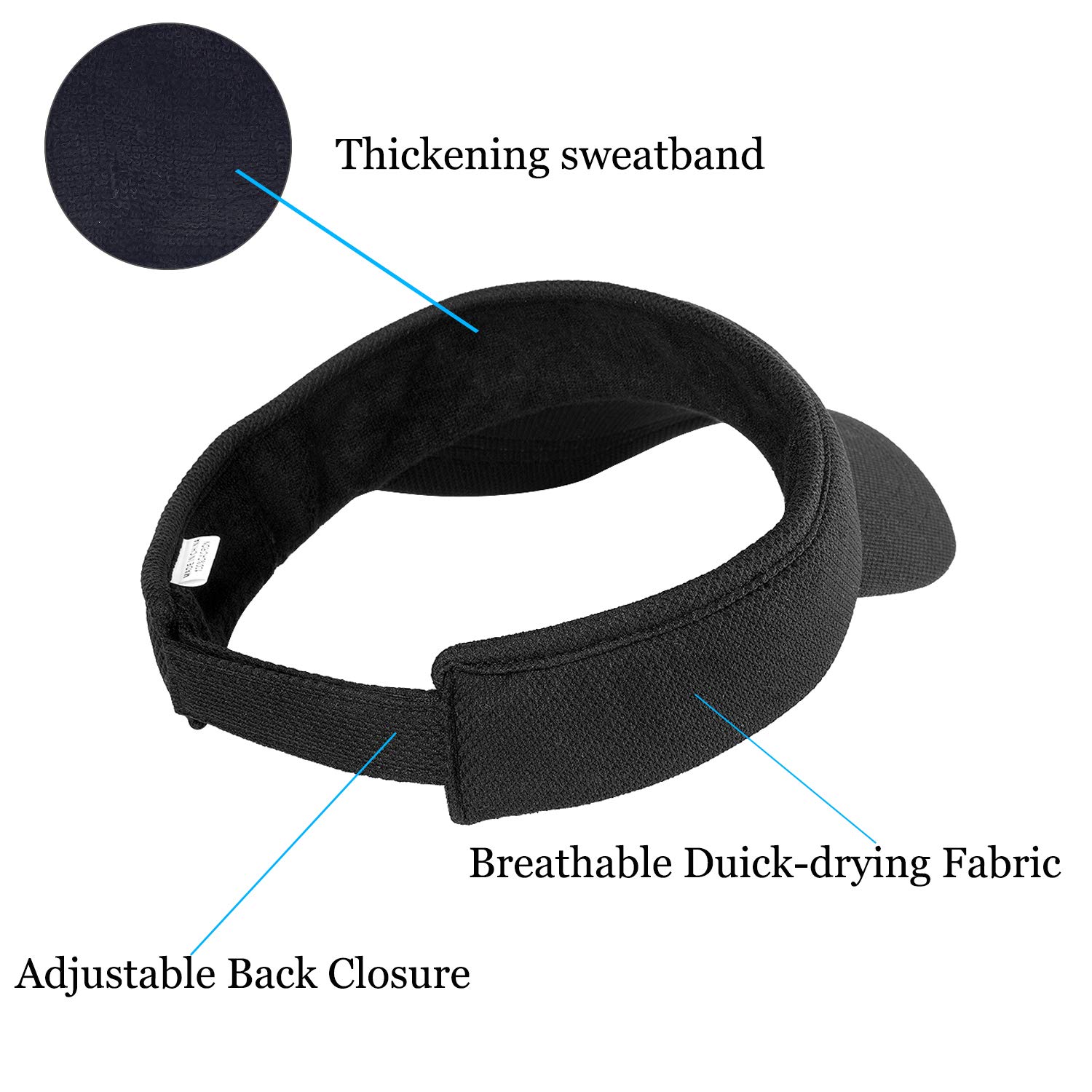 Black Sun Visors for Women and Girls, Long Brim Thicker Sweatband Adjustable Hat