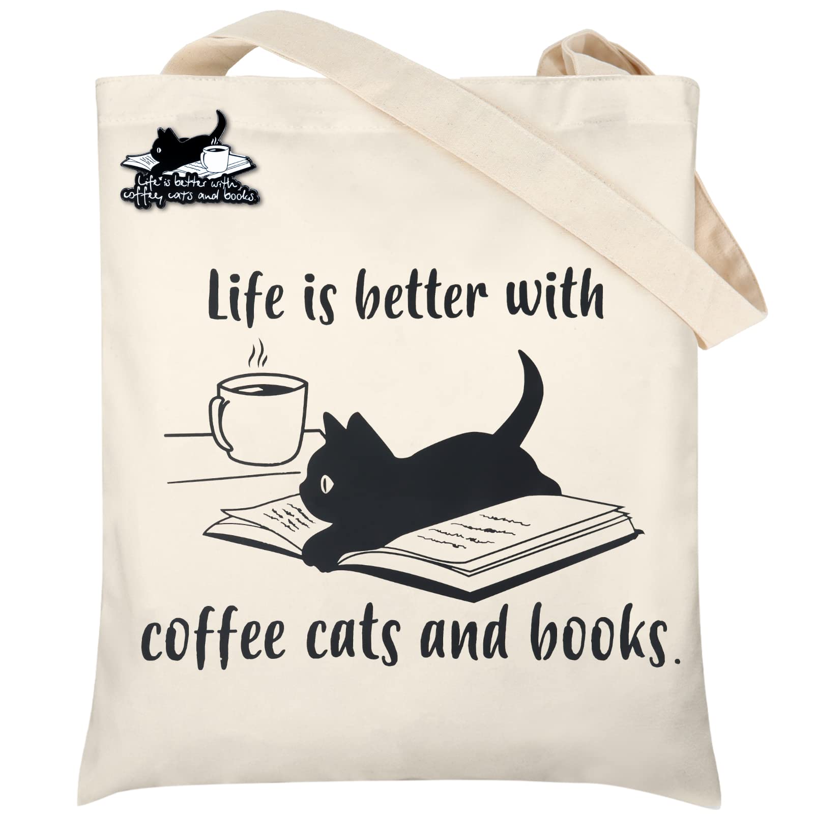 COZYMATE Gift for Women Cat Coffee Book Worm Canvas Tote Bag With Cute Brooch Pin Heavy Duty Cotton Shopping Bag for Weekend Overnight School Book (coffee book cat)