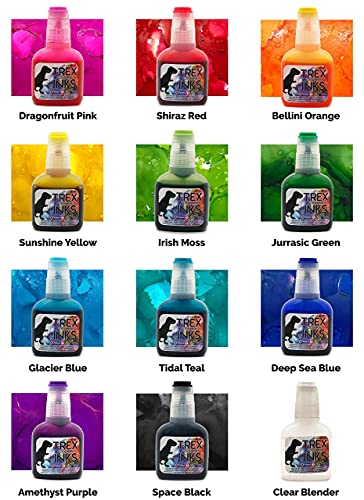 T-Rex Inks Premium Alcohol Inks Starter Set- 12 Vibrant XL Colors - Alcohol Ink for Epoxy Resin Dye, Painting, Tumbler Making & More - Storage Box & Alcohol Ink Blending Solution - 20ml Bottles