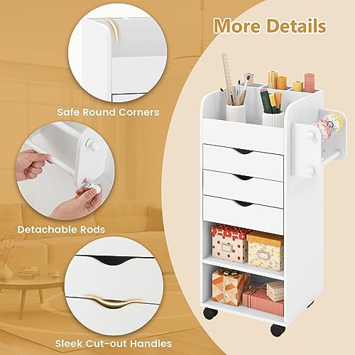 Giantex Craft Storage Cart - Utility Organizer Cart with 3 Drawers, 3 Shelves, 3 Slotted Compartments, 2 Rolling Rods, Crafting Sewing Cabinet on Wheels for Wrapping Paper Scrapbook Ribbon (White)