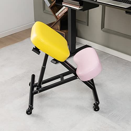 Giantex Height Adjustable Kneeling Chair - Seat Height from 20.5β to 26.5β, Adjustable Stool with Smooth Wheels, Foam Padded Cushions, Ergonomic Kneeling Chair for Office, Home, Yellow/Pink
