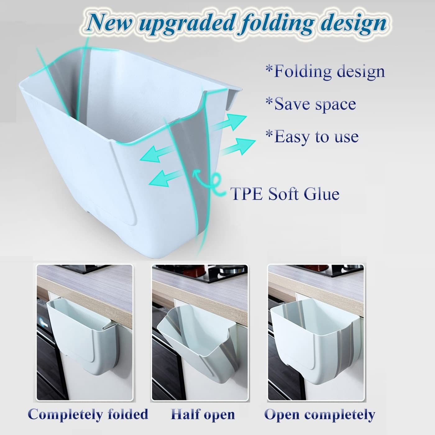 Hanging Kitchen Trash Can,Foldable Waste Bin for Kitchen,Hanging Folding Mini Trash Can for Kitchen Cabinet Door,Collapsible Hang Small Plastic Garbage Can for Cabinet/Car/Bedroom/Bathroom 3L(Blue)