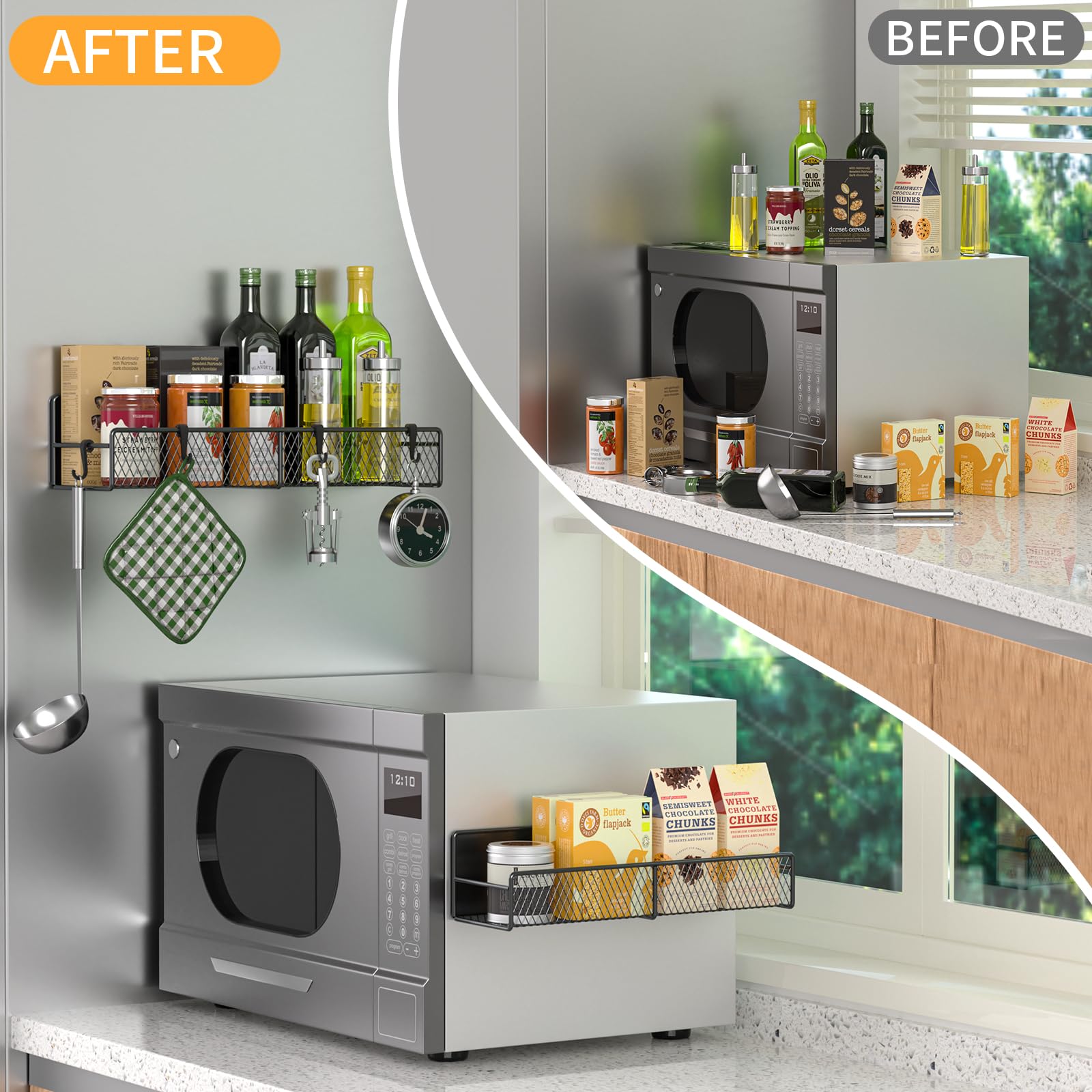 DTUQYX Magnetic Spice Rack for Refrigerator, 2 Pack Metal Magnetic Shelf Black, Moveable Spice Organizer with Hooks, Super Magnetic Fridge Shelf for Kitchen Organization and Storage