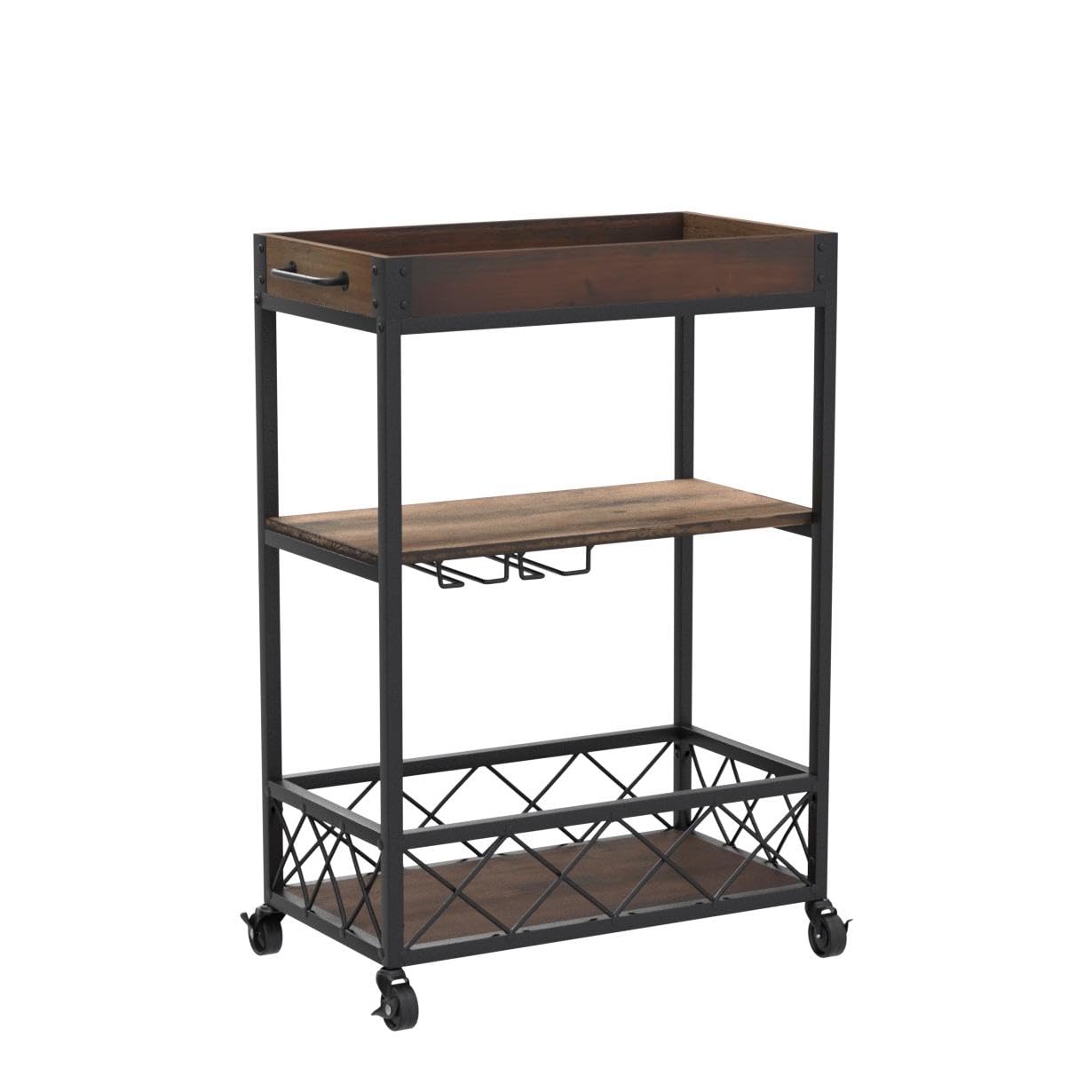 CharaVector Solid Wood Bar Serving Cart,Rolling Kitchen Storage Cart for The Home with Wine Glass Rack and Lockable Caster,Rustic Brown