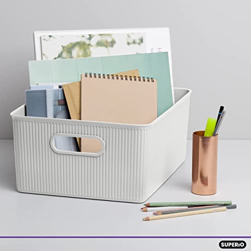 Superio Ribbed Collection - Decorative Plastic Open Home Storage Bins Organizer Baskets, Large White (6 Pack) Container Boxes for Organizing Closet Shelves Drawer Shelf 15 Liter/16 Quart