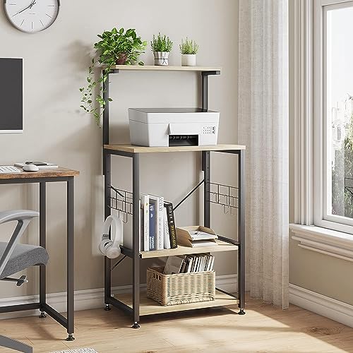 Bestier Bakers Rack, 4-Tier Microwave Stand Coffee Bar Table on Wheels, Utility Storage Rack with Sliding Shelf & 10 Side Hooks for Kitchen, Living Room, Dining Room, Oak