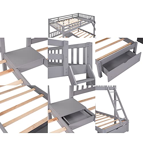 MOOLO 3-1 Full Over Twin, Twin Bunk Bed, Wood Triple Bunk Bed with Drawers and Guardrails for Kids Teens Adults(Color:Gray)
