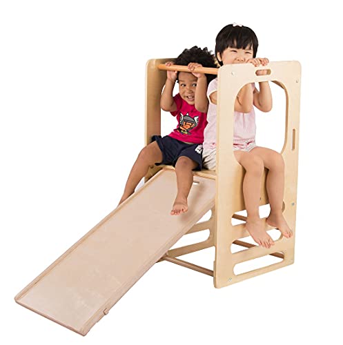 CASSAROKIDS Waldorf Climbing Play Tower with Slide and Chalkboard - Connects to Climbing Triangles