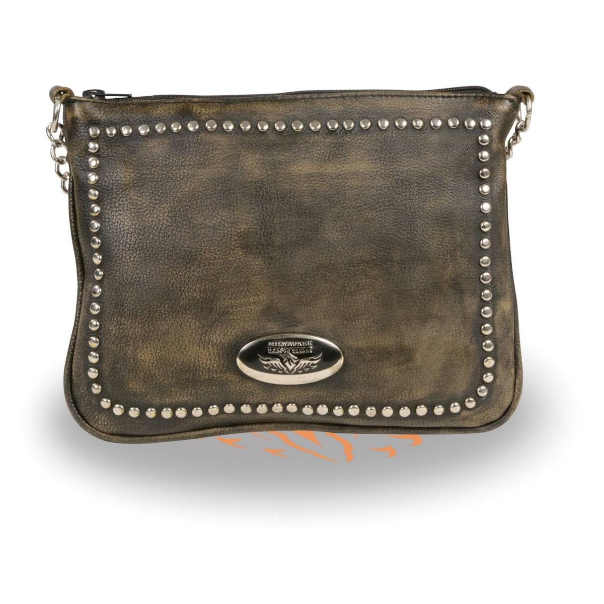 Milwaukee Leather MP8810 Women's Distress Brown Chain Strap Riveted Shoulder Bag - One Size