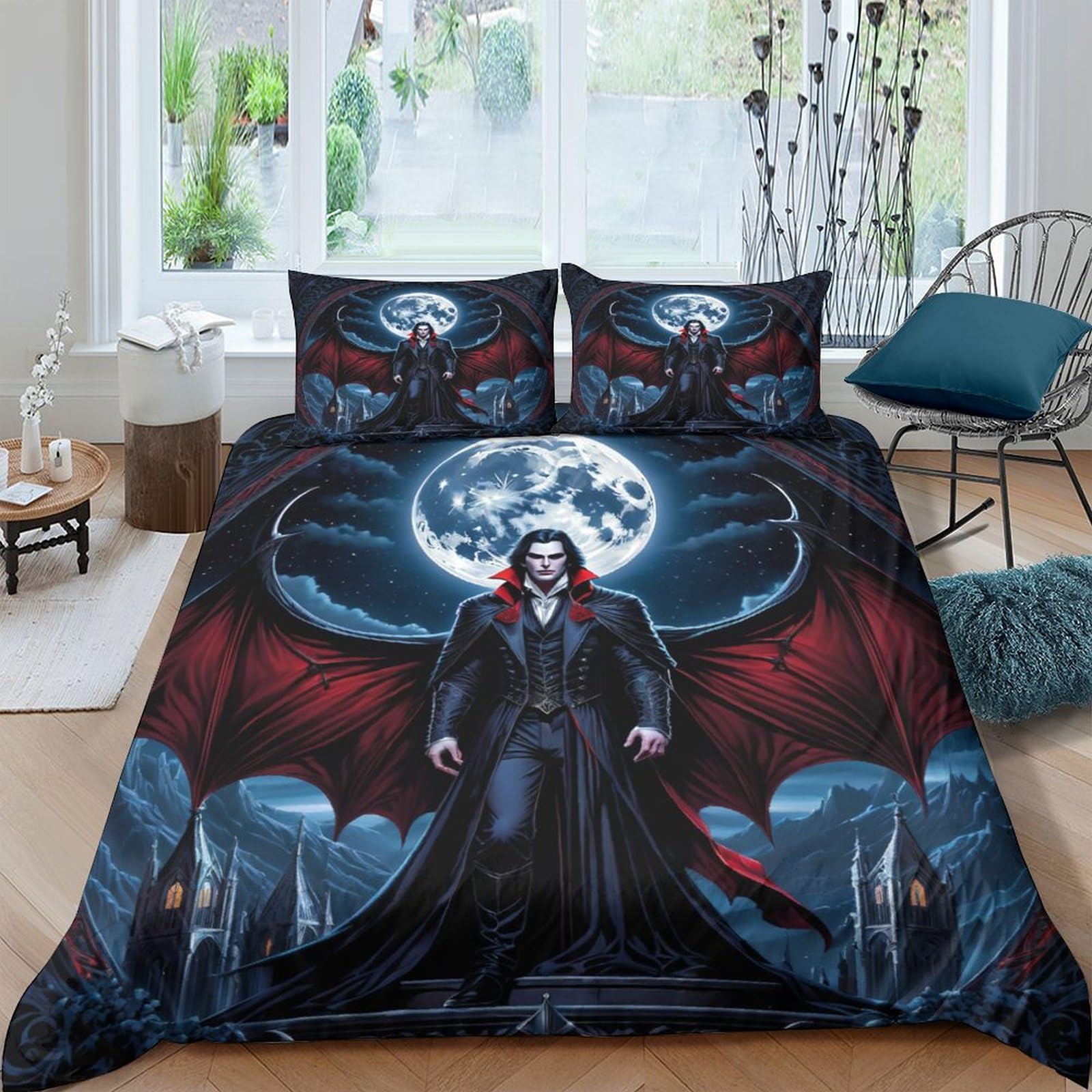 EVMILA Gothic Vampire Duvet Cover for Boys Girls Quilt Cover Comforter Covers 3D Print Scary Night with Pillow Cases with Zipper Closure Bedding Set Soft Microfiber 3 Pieces Twin(173x218cm), Style-1