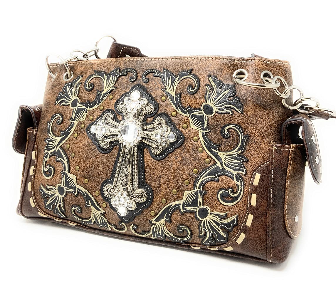 Western Premium Suede Leather Cross Buckle Floral Women's shoulder handbag Wallet Set (Coffee Floral Cross Set)