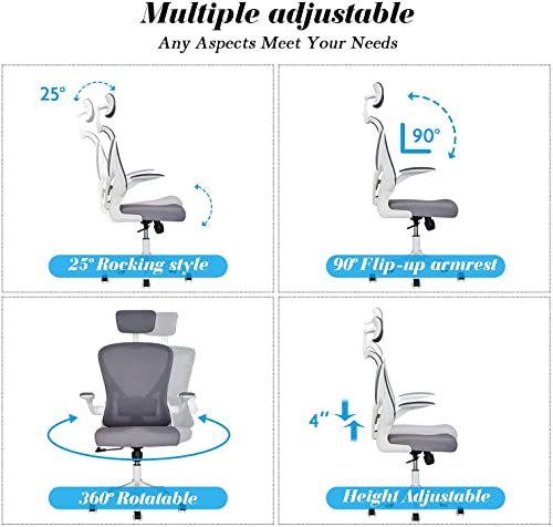 Moppson Ergonomic Office Chair, High Back Desk Chair,360-Degree Swivel,Adjustable Height with Flip-Up Arms,Tilt Function,Cushion for Lumbar Support Office Chair (White)