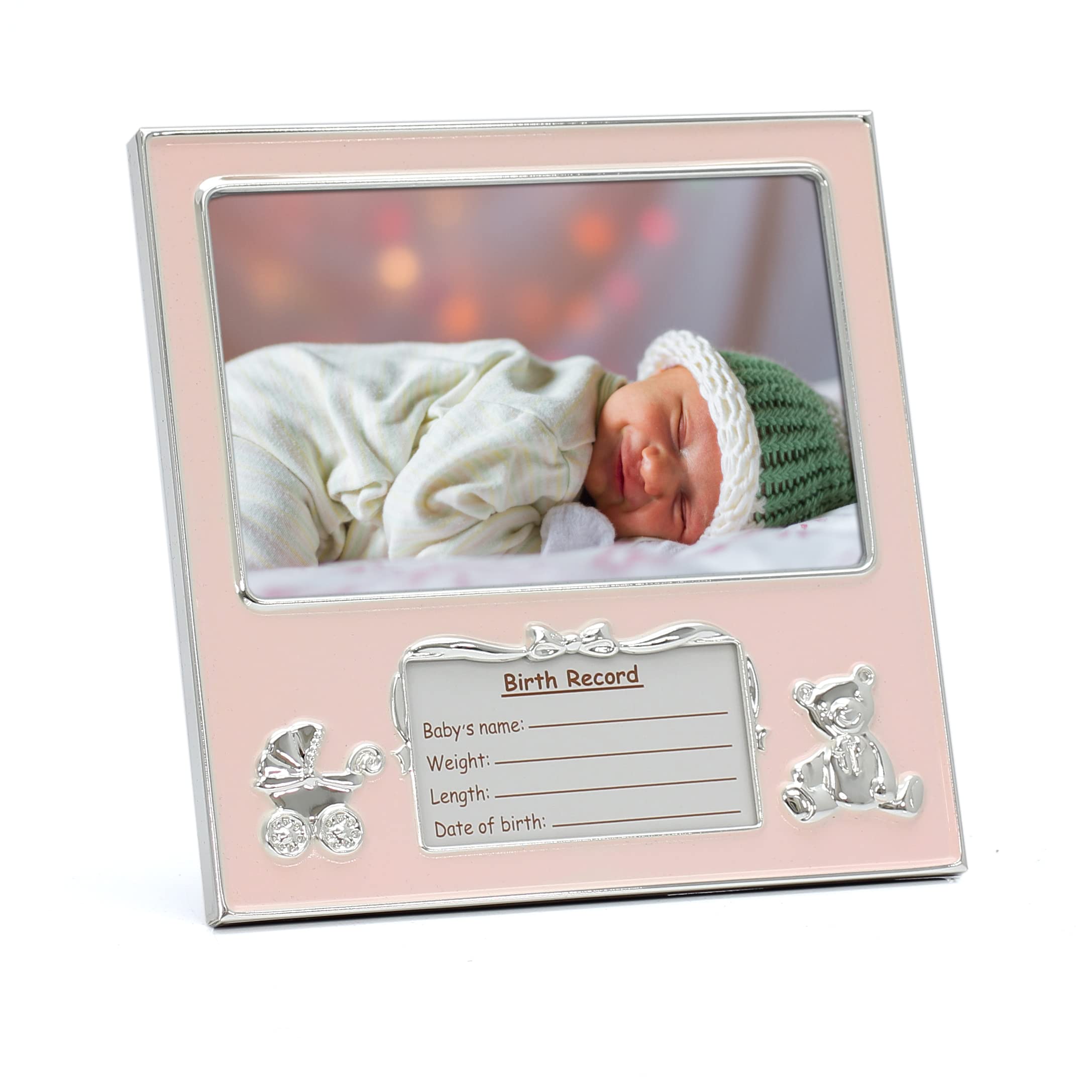 MIMOSA MOMENTS Bear and Pram Silver-tone Metal Baby Girl Picture Frame with Birth Details Tag (4x6 horizontal, Silver-tone & Pink)