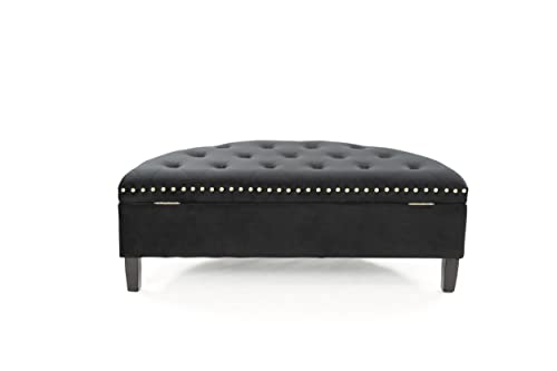 Iconic Home Jacqueline Half Moon Storage Ottoman Button Tufted Velvet Upholstered Gold Nailhead Trim Espresso Finished Wood Legs Bench Modern Transitional Black