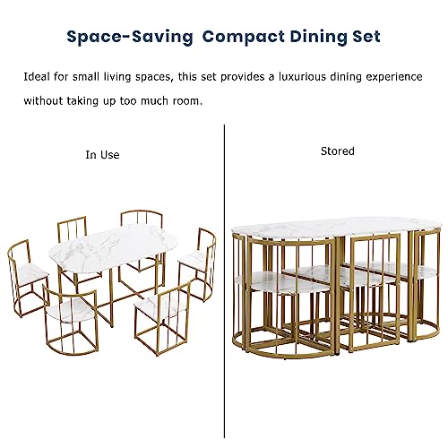 Merax Compact Dining Table and Chairs for Small Space Faux Marble Dining Table Set for 6, 55inch Kitchen Table 7 Piece Set for Dining Room Living Room Modern Style