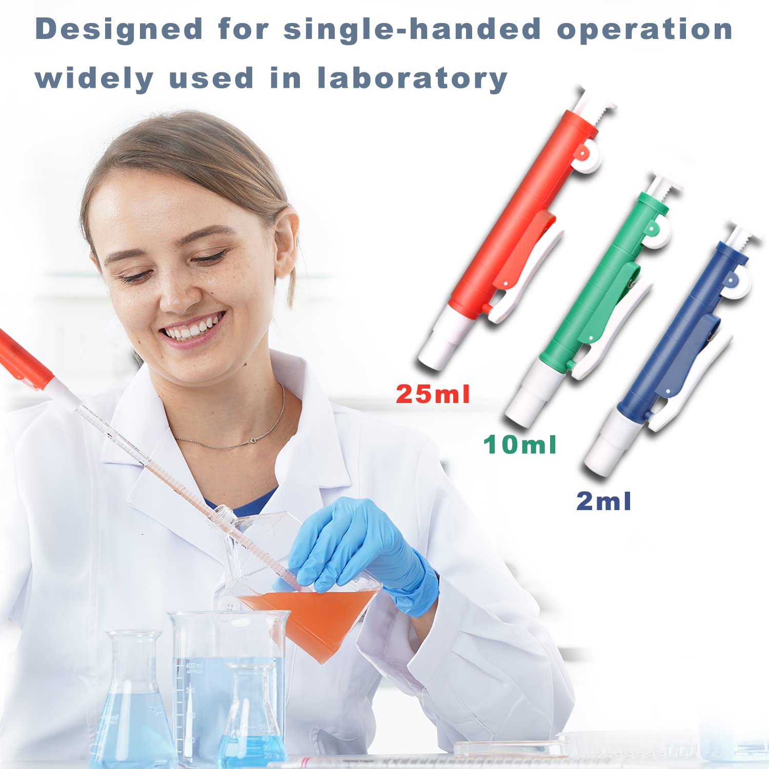 ONiLAB Pipette Pump,Set of 3 Lab Pipettes, 2ml Blue, 10ml Green, 25ml Red, Fit Plastic or Glass Pipettes…