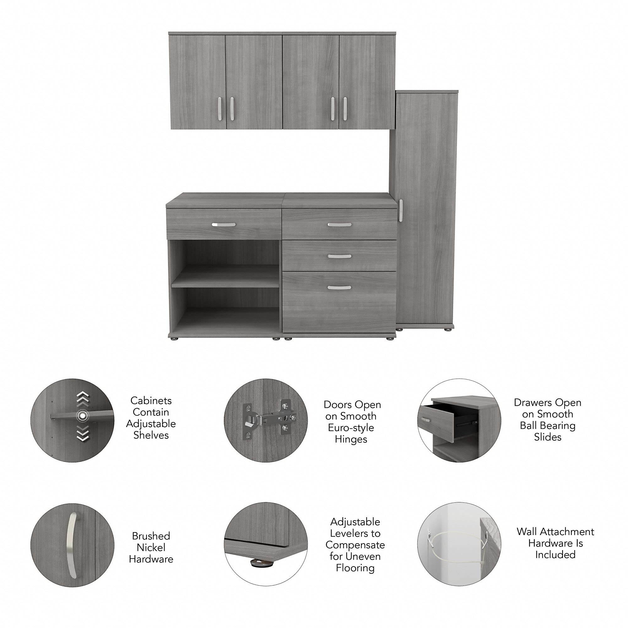Bush Business Furniture Universal 5 Piece Modular Closet Storage Set with Floor and Wall Cabinets, Platinum Gray